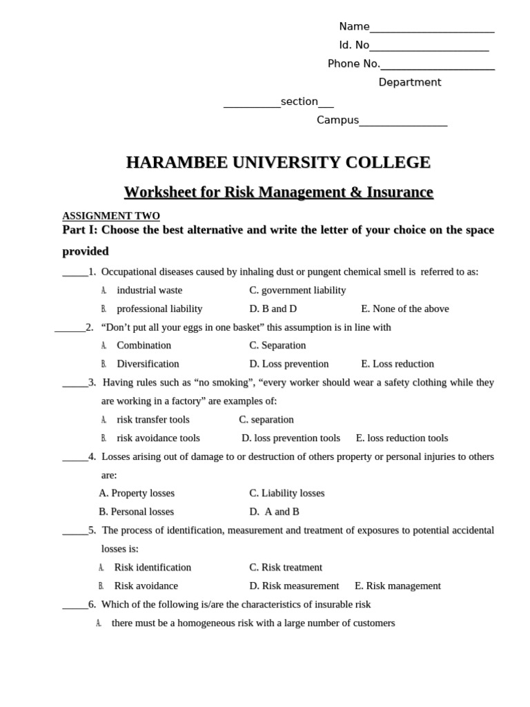 Risk Management & Insurance Worksheet | PDF | Insurance | Risk