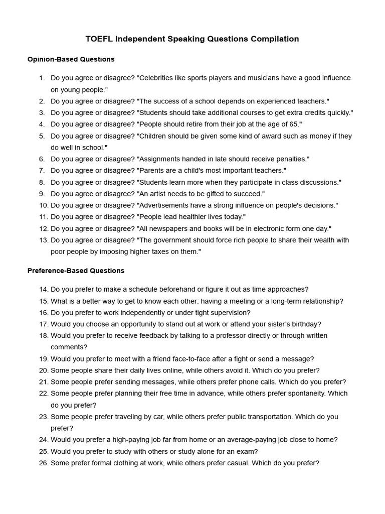 TOEFL Independent Speaking Questions Compilation | PDF