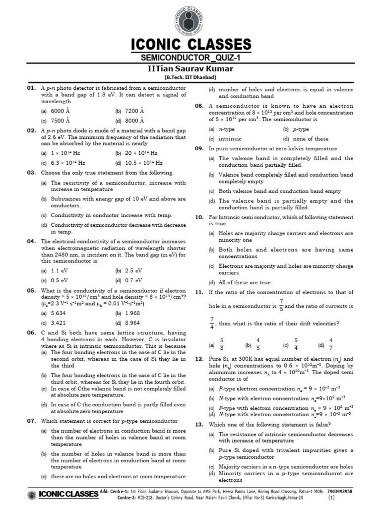Semiconductor Quiz Questions and Answers | PDF | P–N Junction | Doping (Semiconductor)