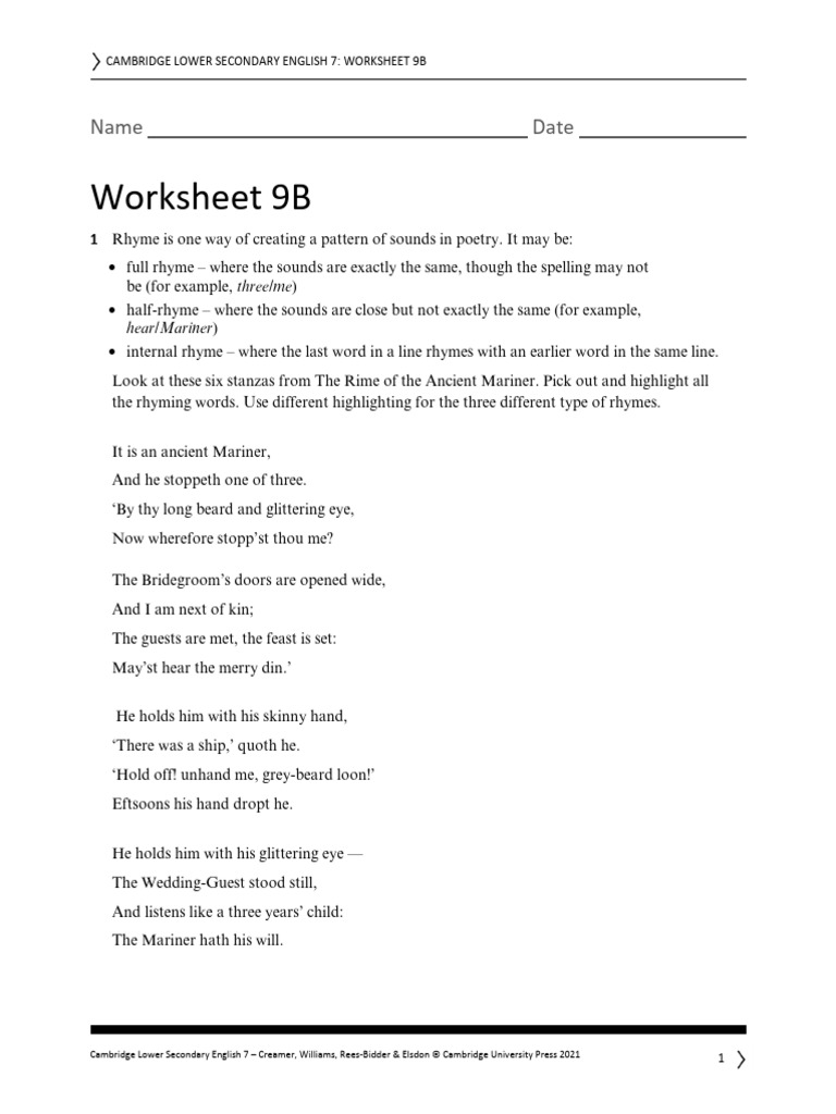 LS English 7 Worksheet 9B | PDF | Rhyme | Poetry