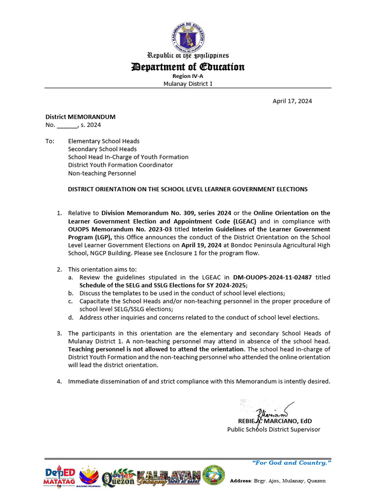 District Memo On District Orientation On School Level Learner ...