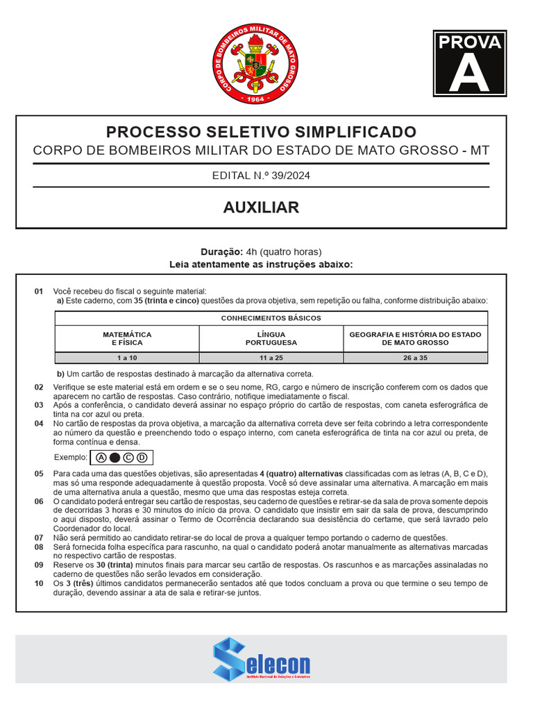 Selecon 2025 CBM MT Auxiliar Prova | PDF | Brasil | Vinhos