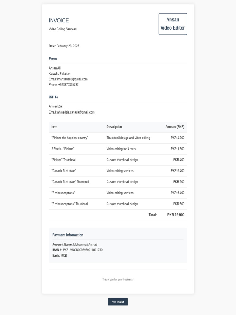 Video Editing Invoice for Ahmed Zia | PDF