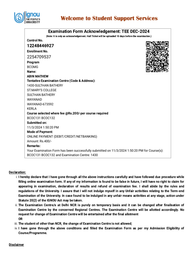 IGNOU__ Examination Form Acknowledgement Dec 2024 | PDF