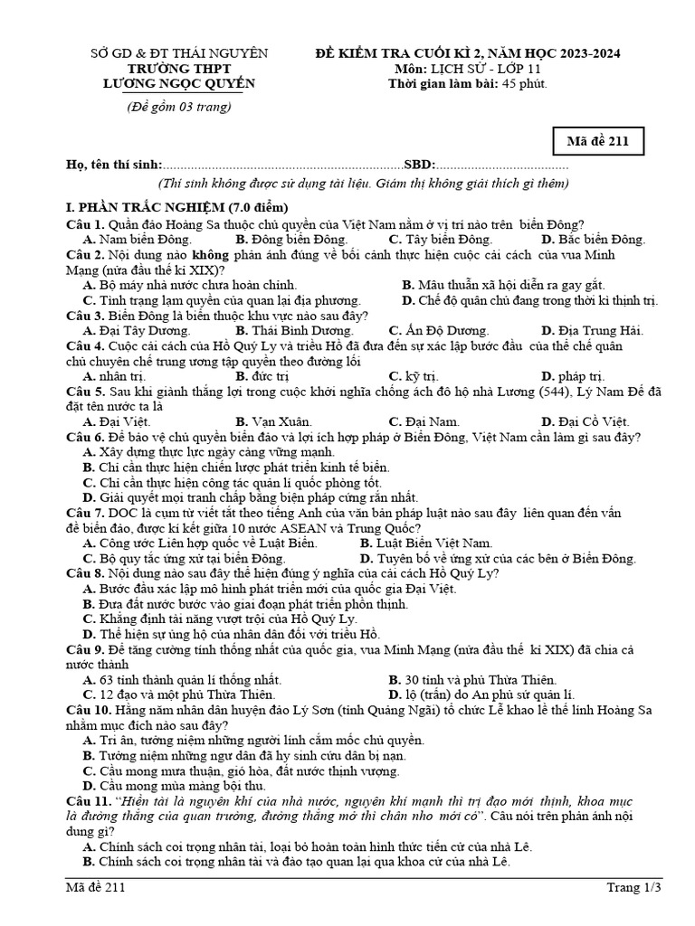 De Cuoi Ky 2 Lich Su 11 Nam 2023 2024 Truong THPT Luong Ngoc Quyen Thai Nguyen | PDF