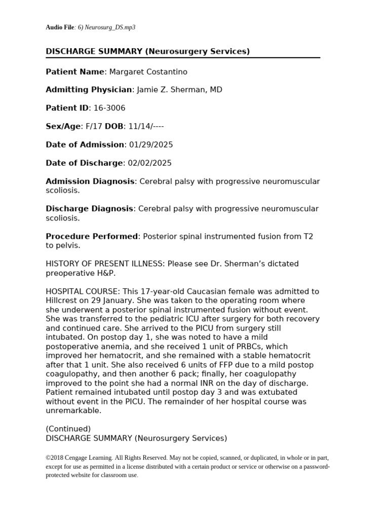 Neurosurgery Discharge Summary: Costantino | PDF | Medical Specialties ...
