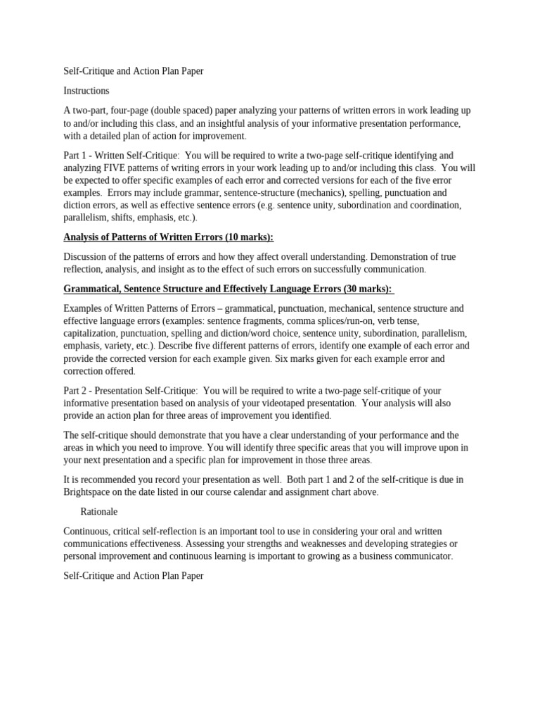 Self-Critique and Action Plan Paper | PDF | Syntax | Grammar