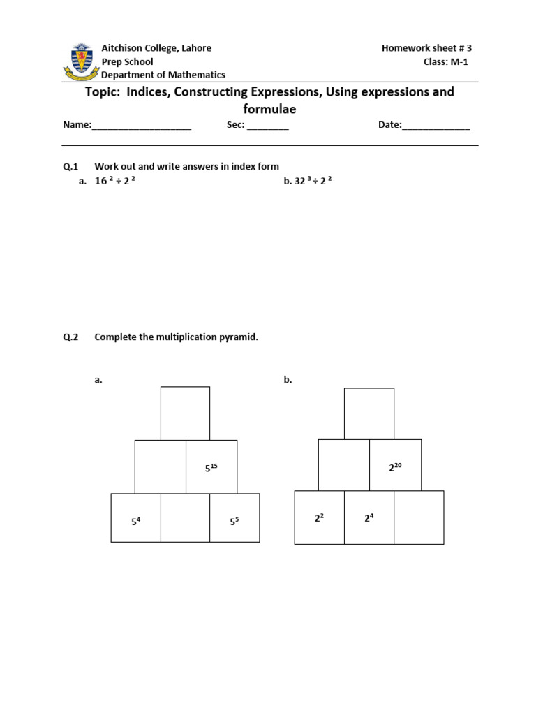 Math Homework: Indices & Expressions M-1 | PDF