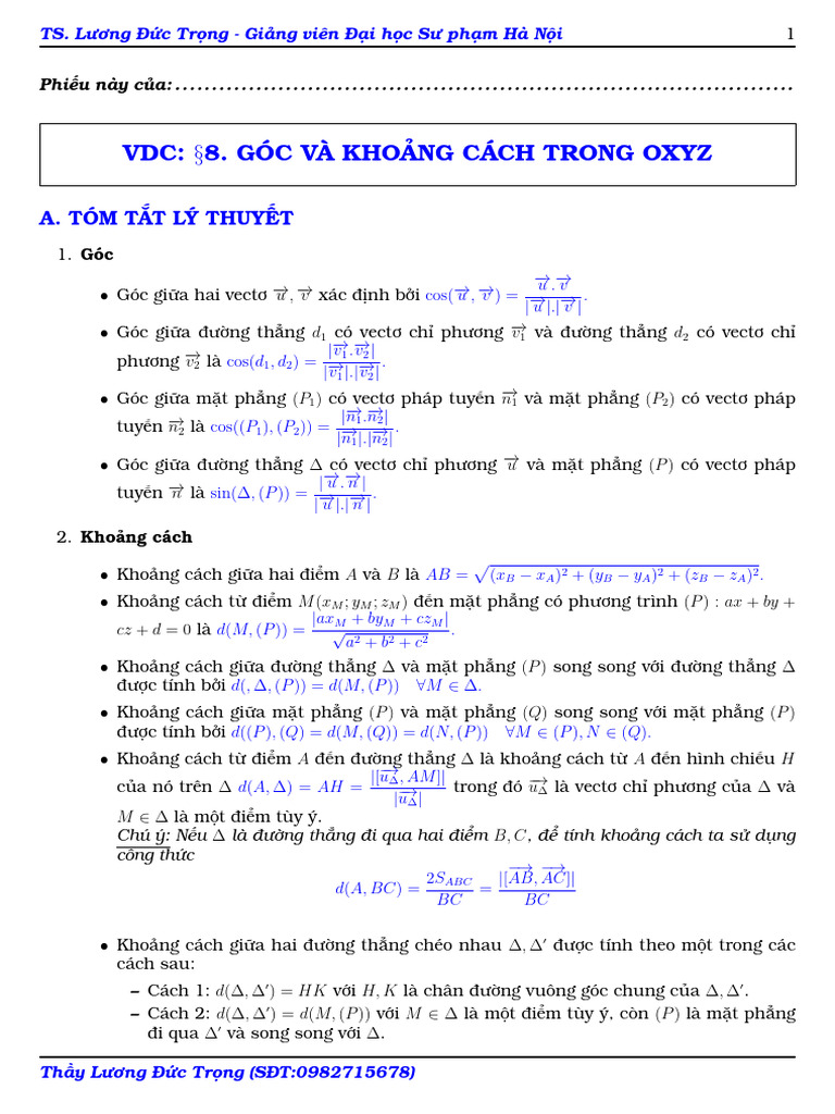 VDC-Goc, Khoang Cach Trong Oxyz | PDF