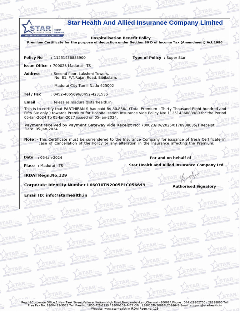 Mediclaim Reciept - Parthiban (1) 1 | PDF