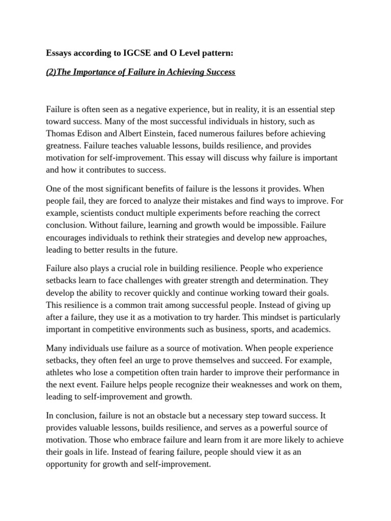 Role of Failure and Achieving Success Essay For o Level and Igcse | PDF