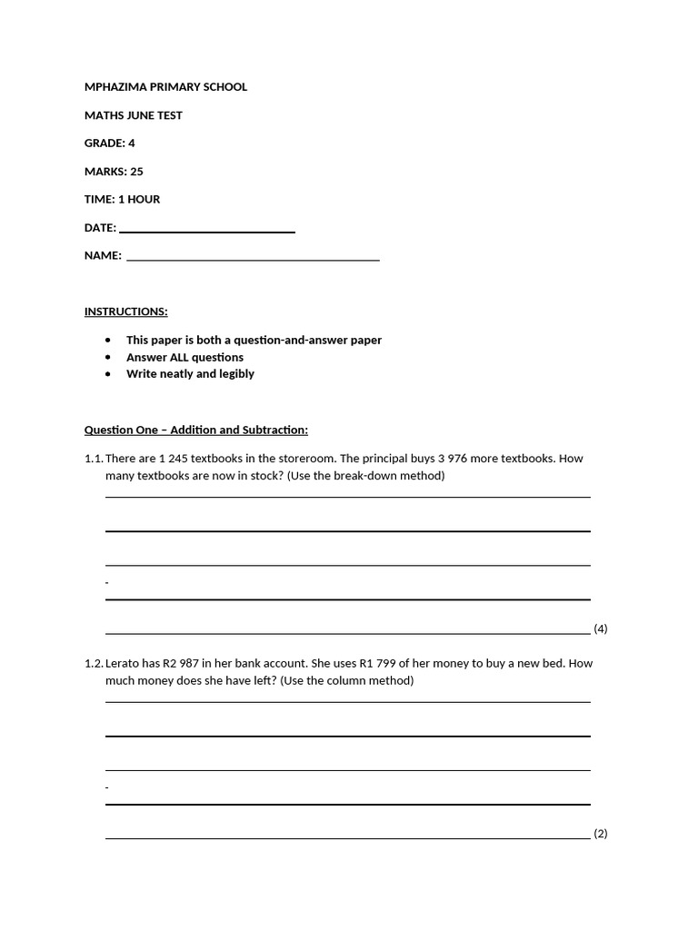 Grade 4 June Maths Test Paper | PDF | Mathematics | Arithmetic