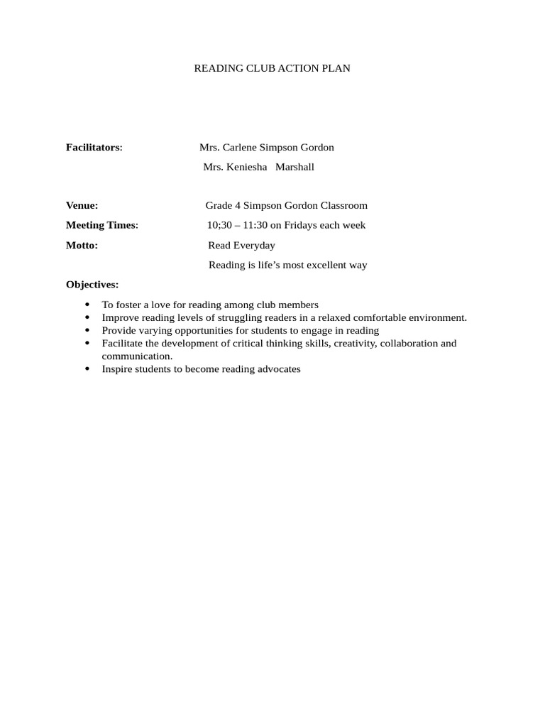 Reading Club Action Plan Overview | PDF | Syllable | Human Communication