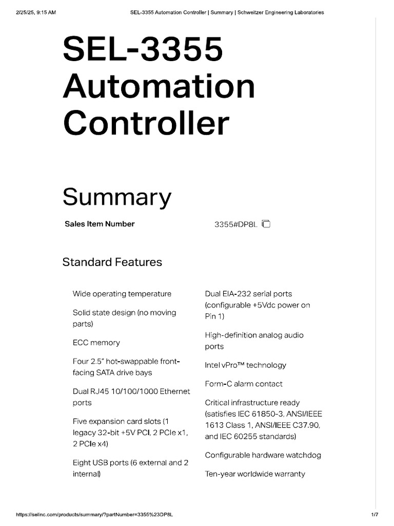 SEL-3355DP8L Automation Controller - Summary | PDF