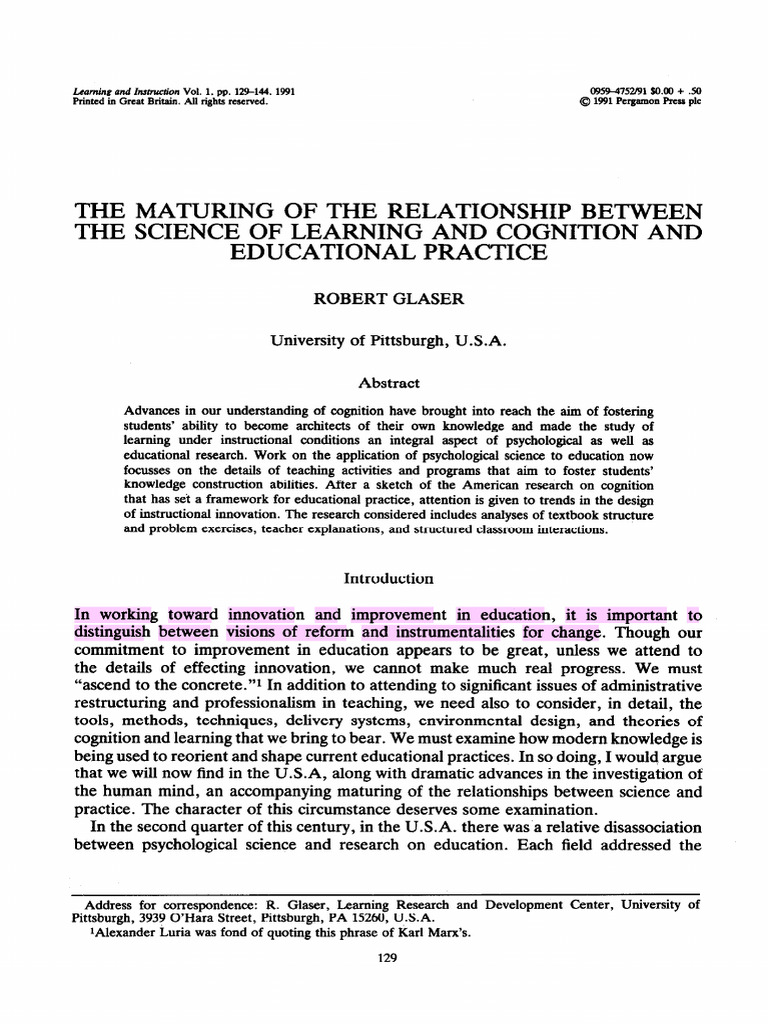 The Maturing of the Relationship Between the Science of Learning and Cognition and Educational ...