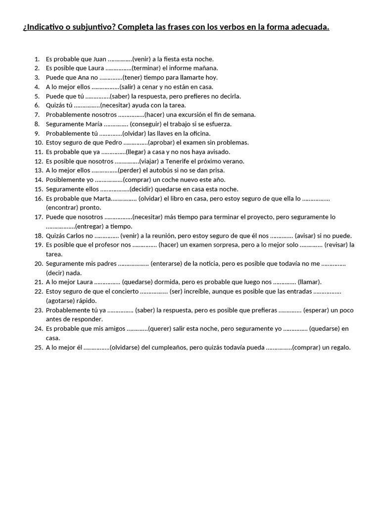 Practica Verbos: Indicativo vs Subjuntivo | PDF