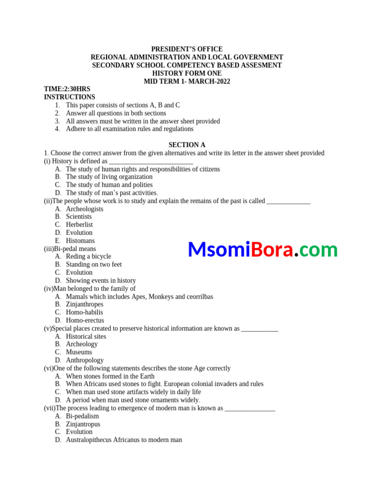 History Competency Assessment Form 1 | PDF | Homo | Africa