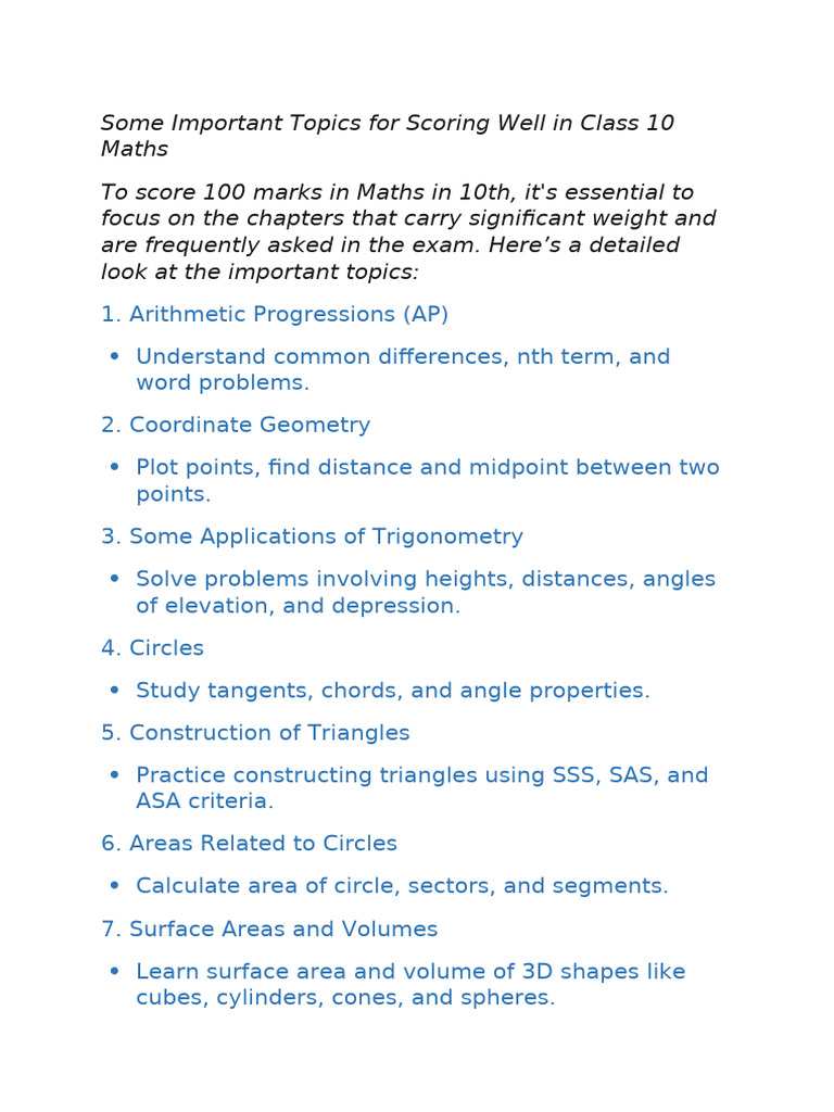 Key Topics for Class 10 Maths Success | PDF