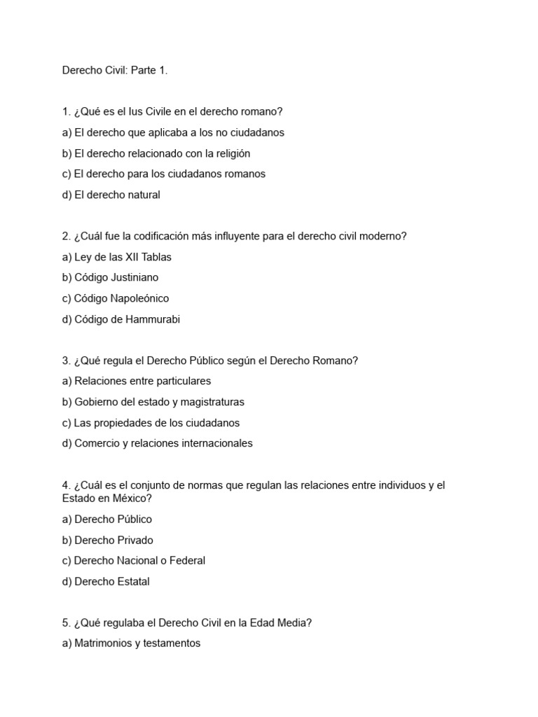 Derecho Civil 1p. Cuestionario | PDF | Derecho civil (sistema legal ...