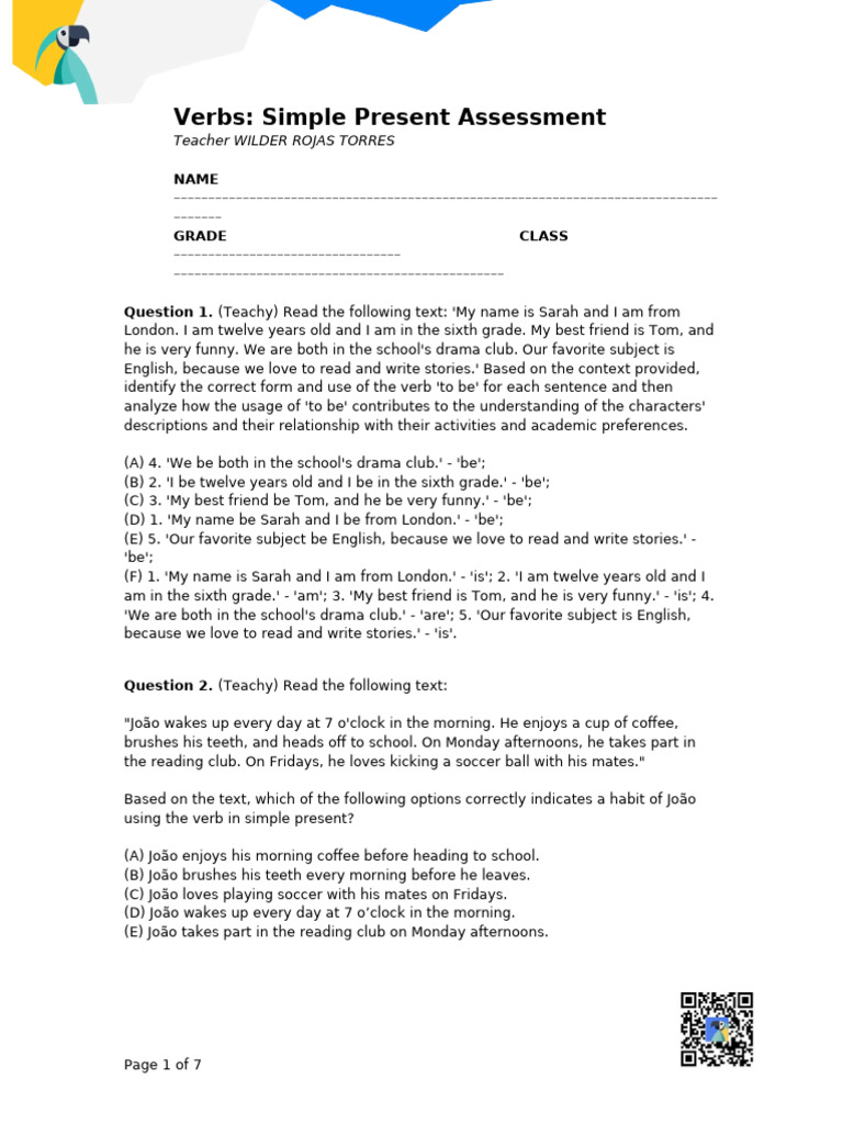 Verbs - Simple Present Assessment | PDF | Verb | Linguistics
