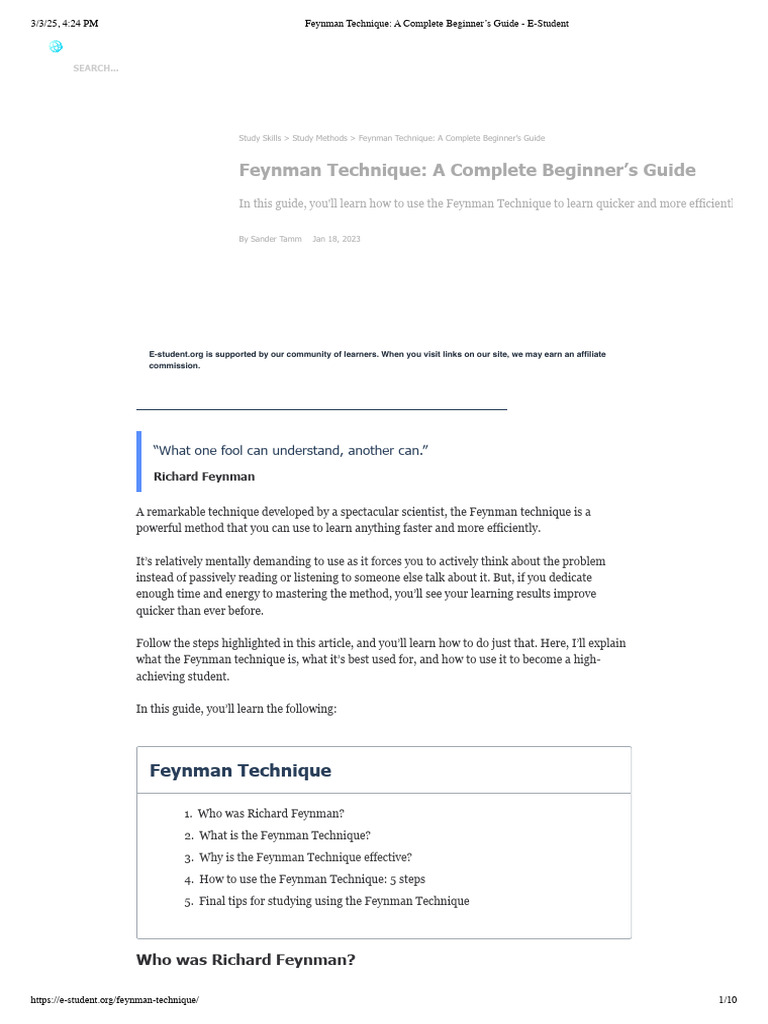 Feynman Technique_ A Complete Beginner’s Guide - E-Student | PDF ...
