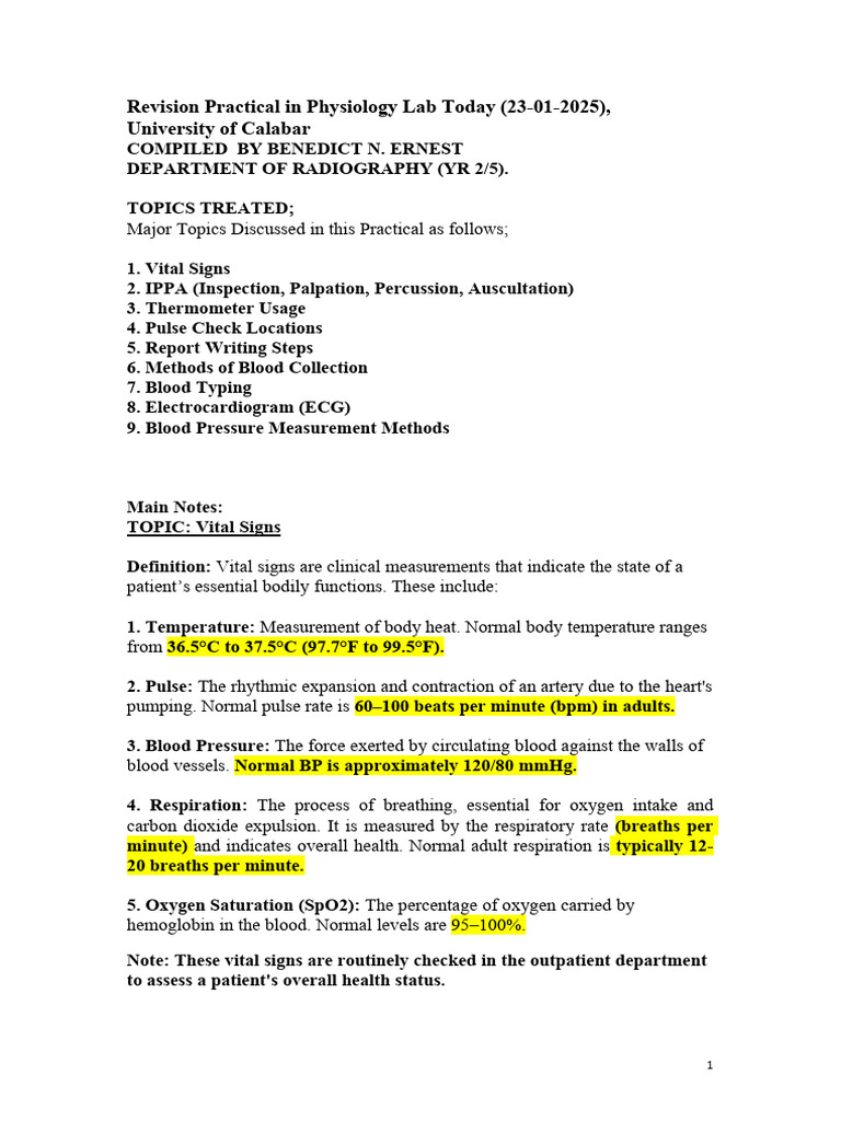 Revision Practical Note in Physiology Lab Today. | PDF | Blood Pressure ...