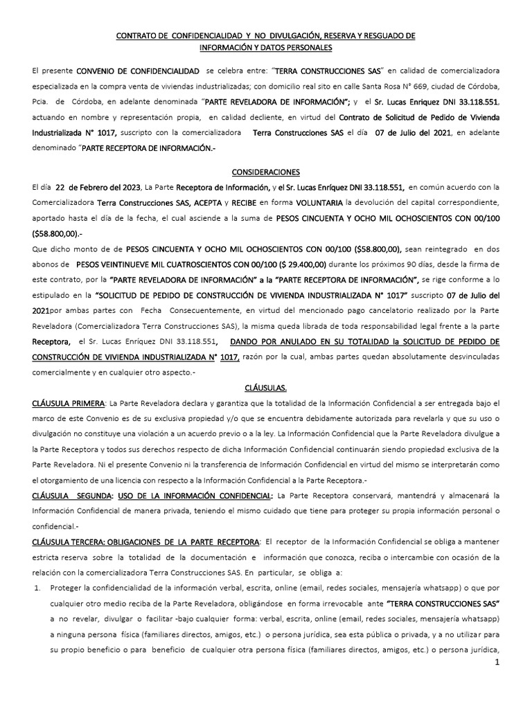 Contrato Confindencialidad Reembolsos Lucas Enriquez 60 Dias | PDF ...