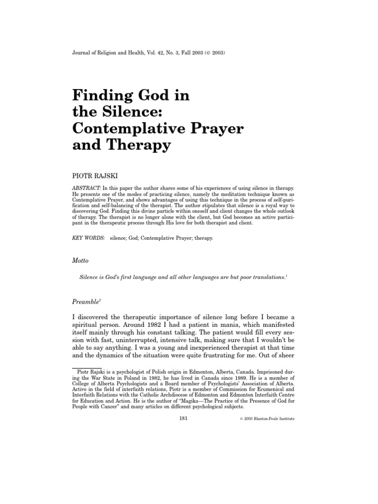 Finding God in The Silence: Contemplative Prayer and Therapy | PDF ...