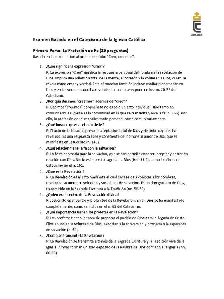 Examen de Catecismo: Fe y Sacramentos | PDF | Oración | Cristo (título)