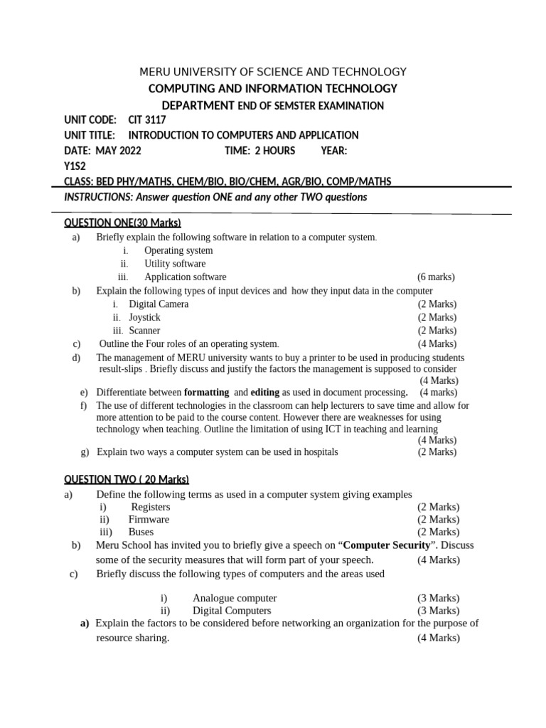 Cit 3117 Introduction To Computers and Application 2 | PDF ...