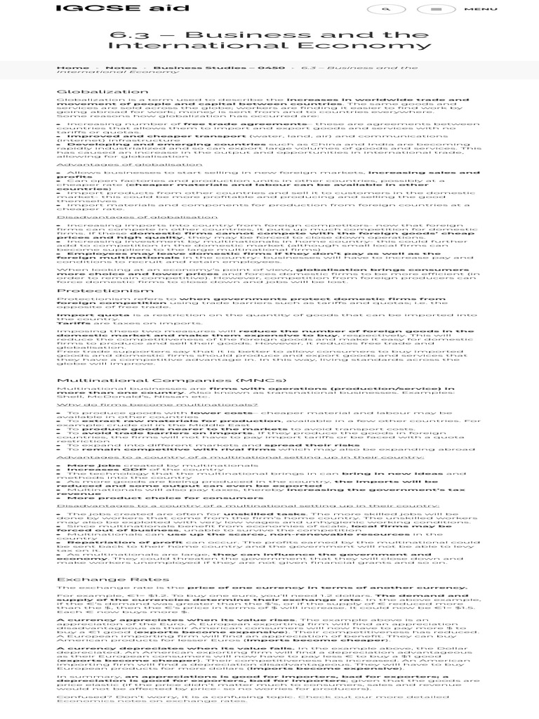 6.3 - Business and The International Economy - IGCSE AID | PDF ...