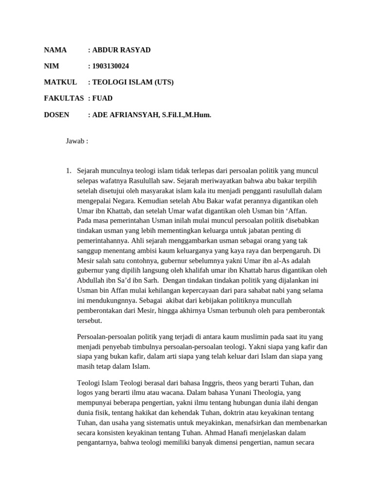 1594640692938_UTS-TEOLOGI-ISLAM-ABDUR-RASYAD | PDF