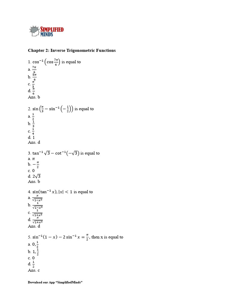 Chapter 2 Inverse Trigonometric Functions | PDF | Trigonometric Functions | Algebra