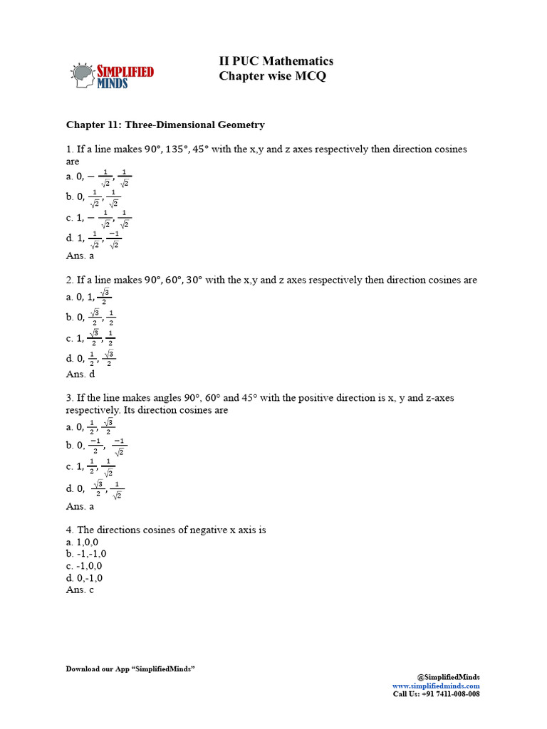 Chapter 11 Three Dimensional Geometry MCQ | PDF | Coordinate System ...