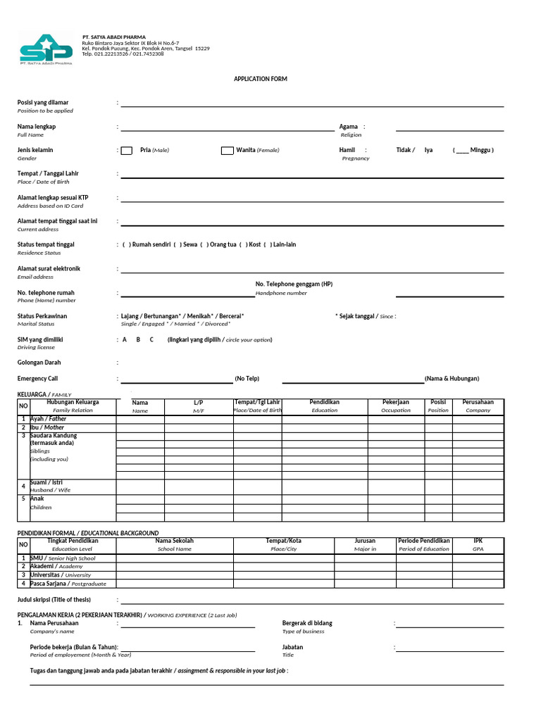 Formulir Aplikasi Kerja Lengkap | PDF