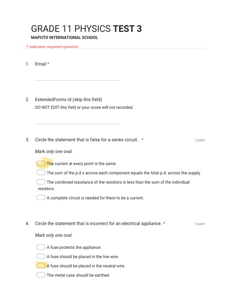 Grade 11 Physics Circuit Test Questions | PDF | Electric Current ...