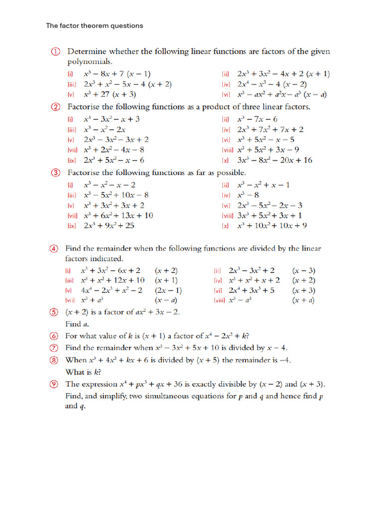 Factor Theorem Practice Questions | PDF