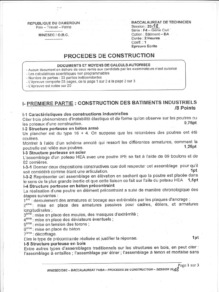 Orniformation Baccalaureat F4 2018 Epreuve Procede Construction | PDF