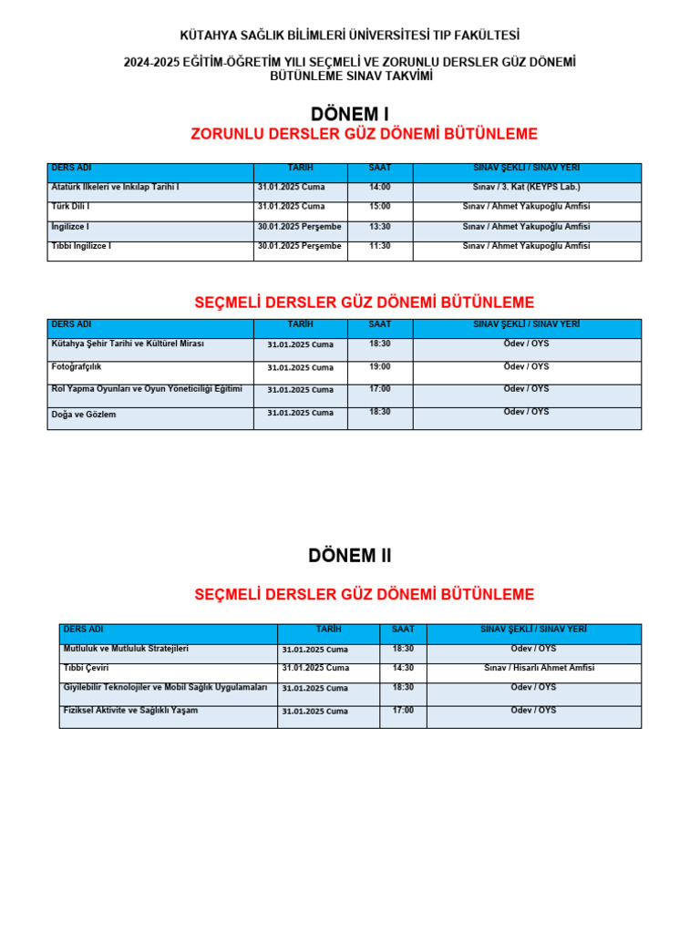 2024-2025 E.ö. Güz D. Donem I, Ii, Iii Secmeli̇ Ve Zorunlu Dersler Bütünleme Takvi̇mi̇ | PDF