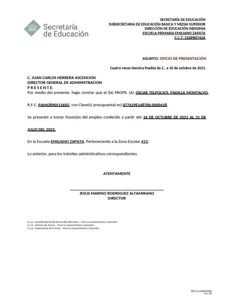 OFICIO_DE_PRESENTACIÓN_PARA_NOMBRAMIENTO | PDF