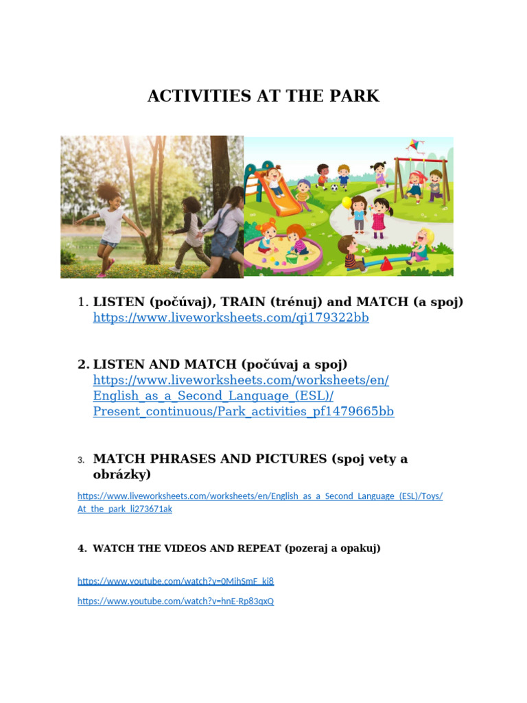 Park Activities for ESL Learners | PDF