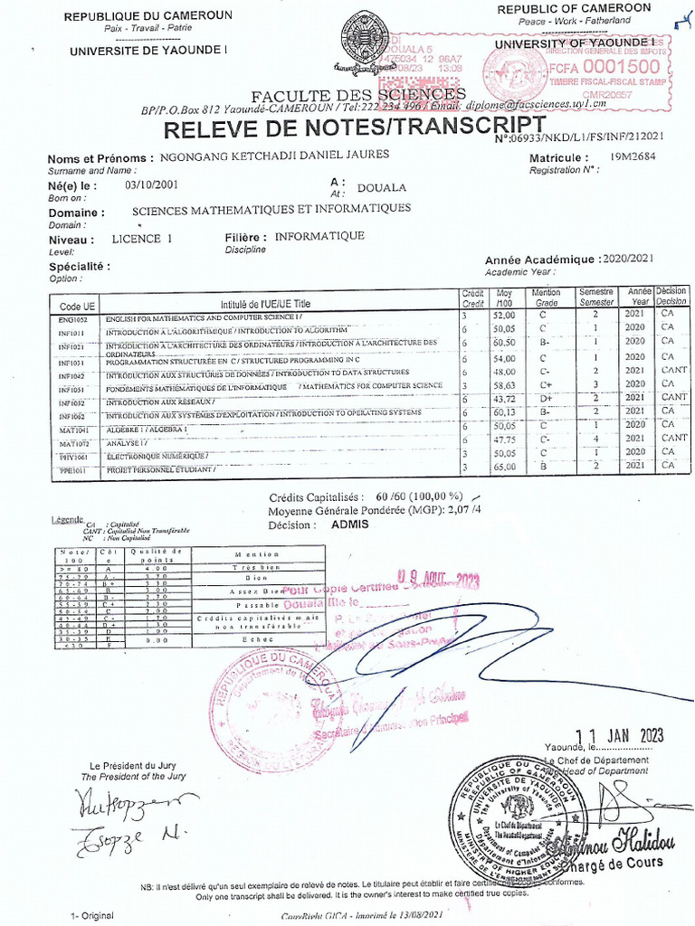 Releve Note Licence 1 | PDF