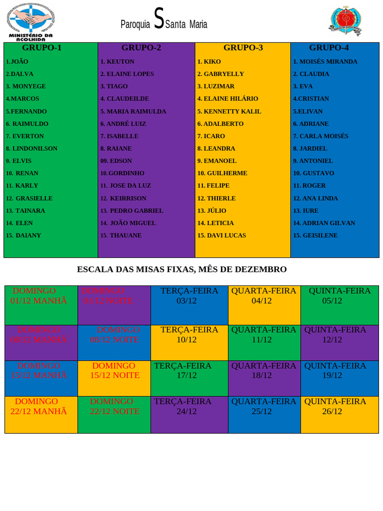 Escala Missas Fixas Da Guarda de Santa Maria Dezembro | PDF