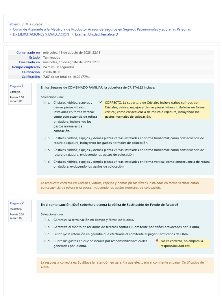 Examen Unidad Temática D | PDF | Póliza de seguros | Seguro