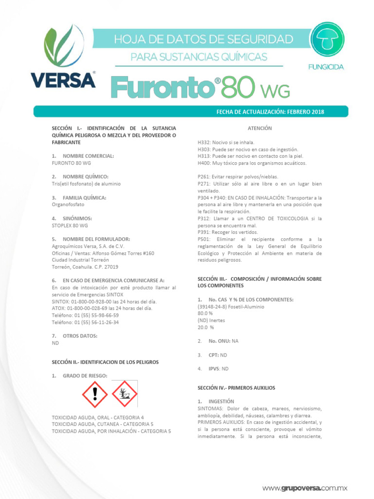 Furonto 80 WG: Ficha Técnica y Usos | PDF | Agua | Primeros auxilios
