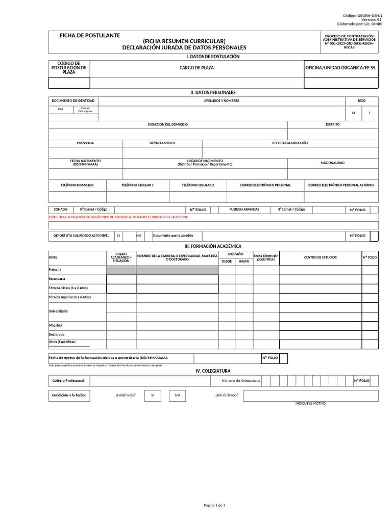 Formato 01 - FICHA DE POSTULANTE #001-2025-GRJ-DRSJ-RISCH-RECAS | PDF