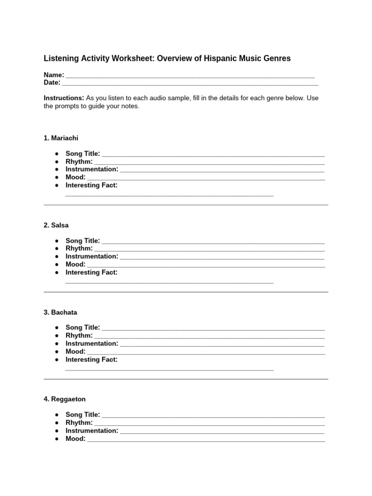 Listening Activity Worksheet - Overview of Hispanic Music Genres | PDF ...