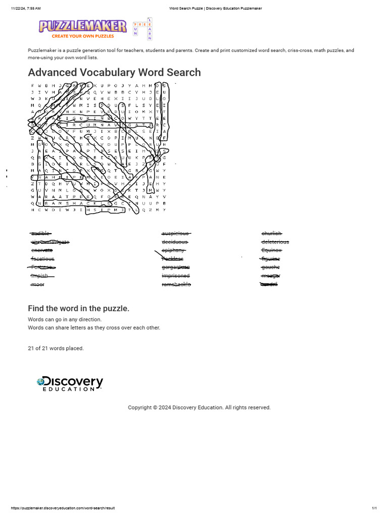 Advanced Vocabulary Word Search - Assignment - (COMPLETED) | PDF