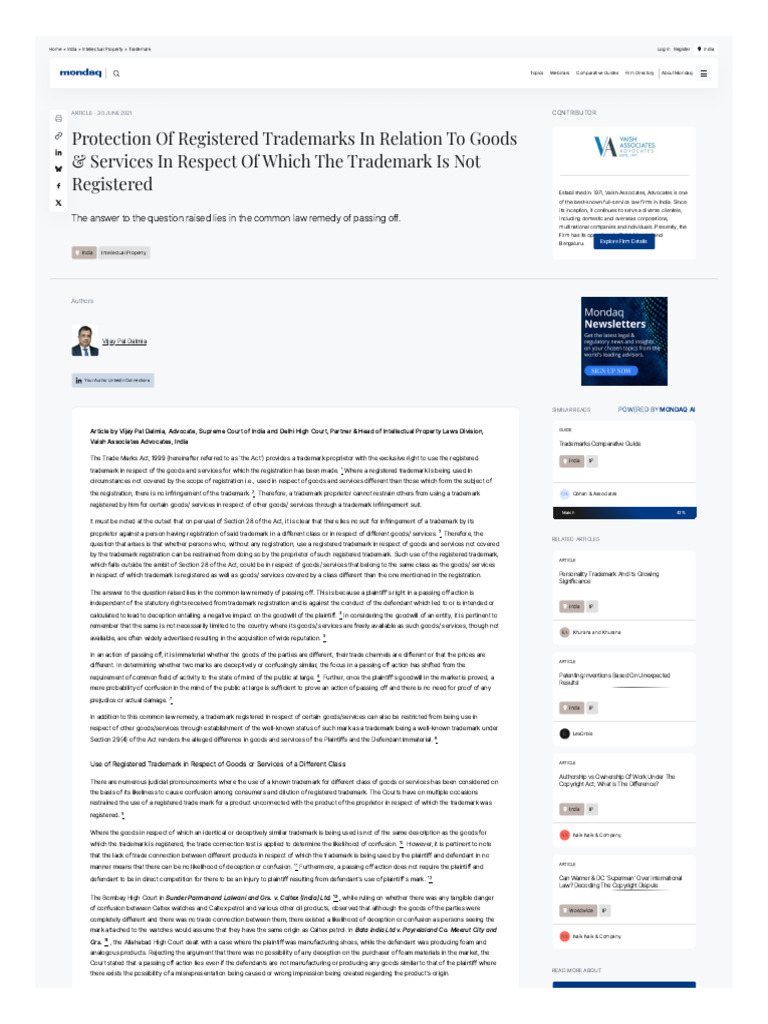 Protection of Registered Trademarks in Relation To Goods & Services in Respect of Which The ...