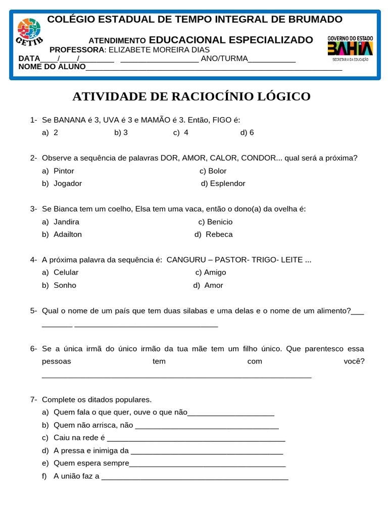 Atividades de Raciocínio Lógico para Alunos | PDF